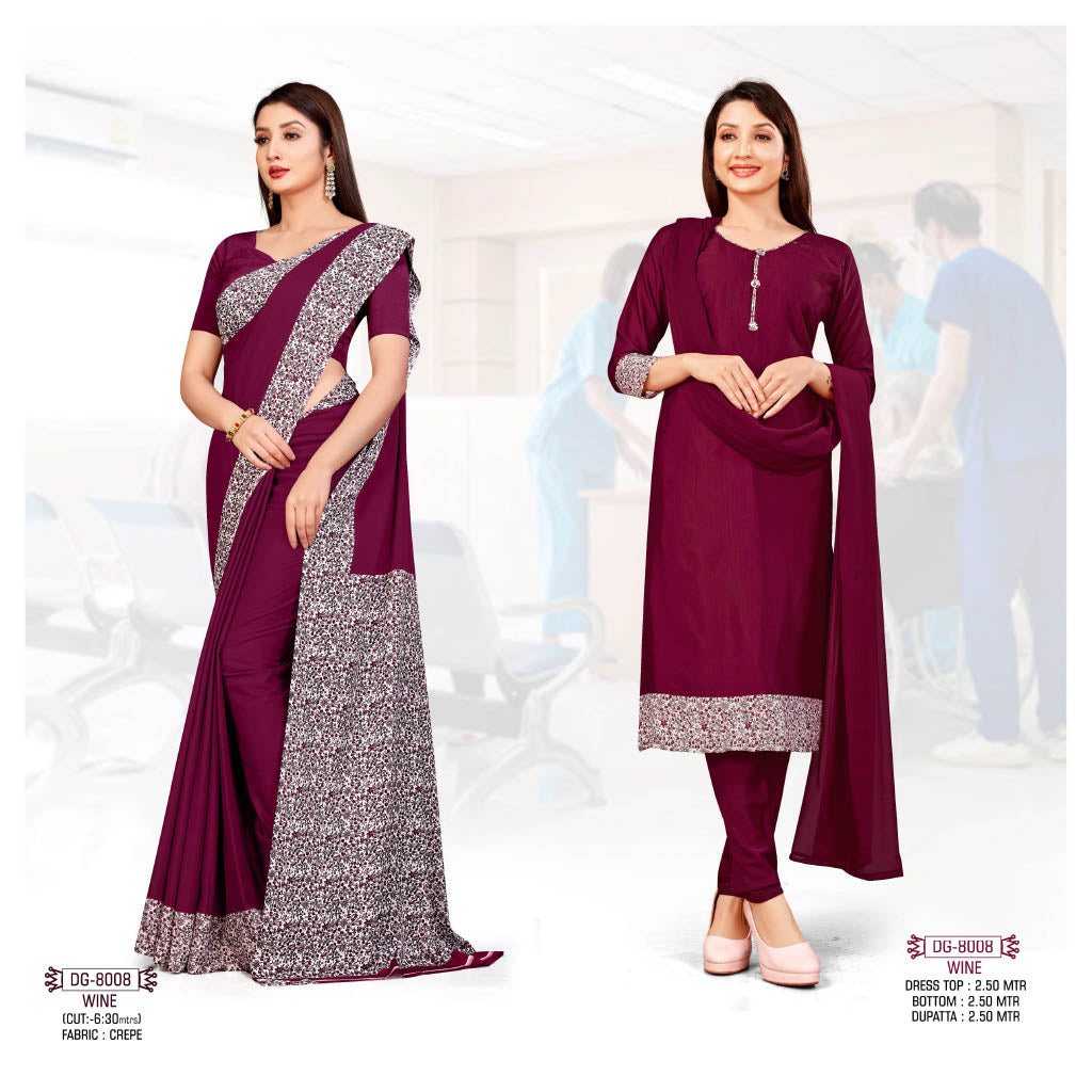 Plain WINE Crepe Uniform Saree & Dress Material (Uniform Combo ...