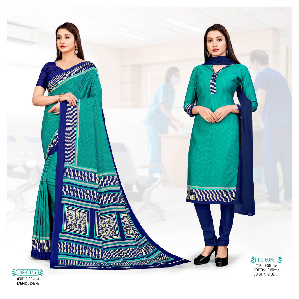 Plain Turquoise Crepe Saree & Salwar Suit (Combo Uniform) – Satish Silk ...