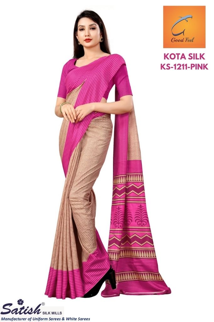 CHECKS Printed Pink Kota Silk Uniform Saree – Satish Silk Mills