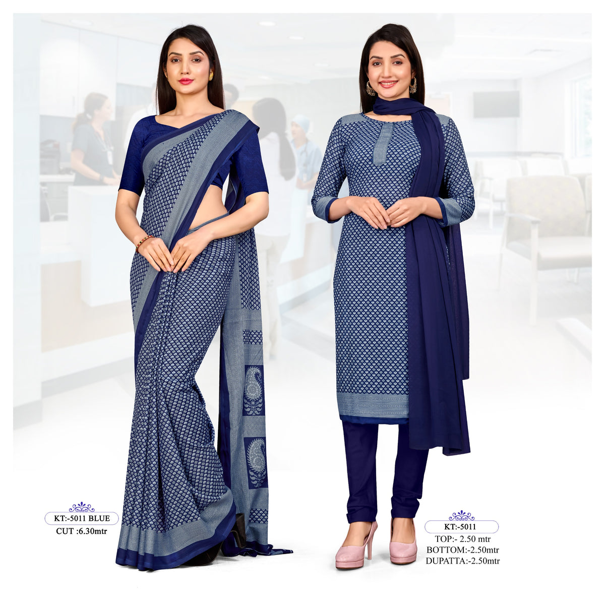 Calico Print Blue Matt Crepe Uniform Saree & Dress Material – Satish ...